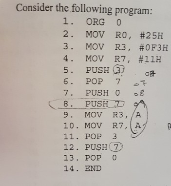 Solved Consider the following program ORG 0 2 MOV R0, #25H 3 | Chegg.com