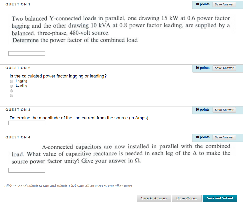 Solved Two balanced Y-connected loads in parallel, one | Chegg.com