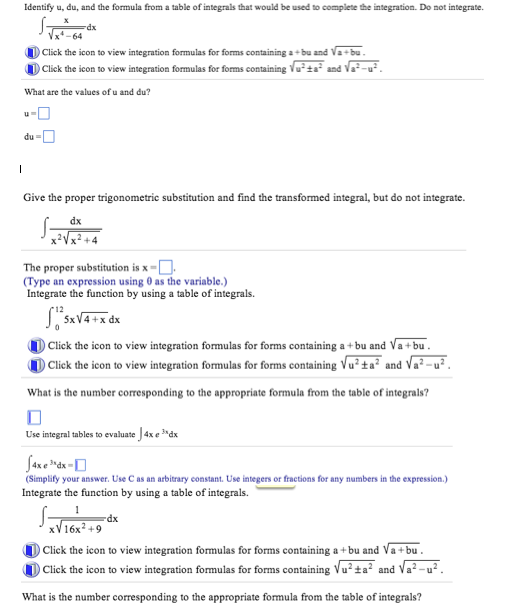 Solved Identify u. du. and the formula from a table of | Chegg.com