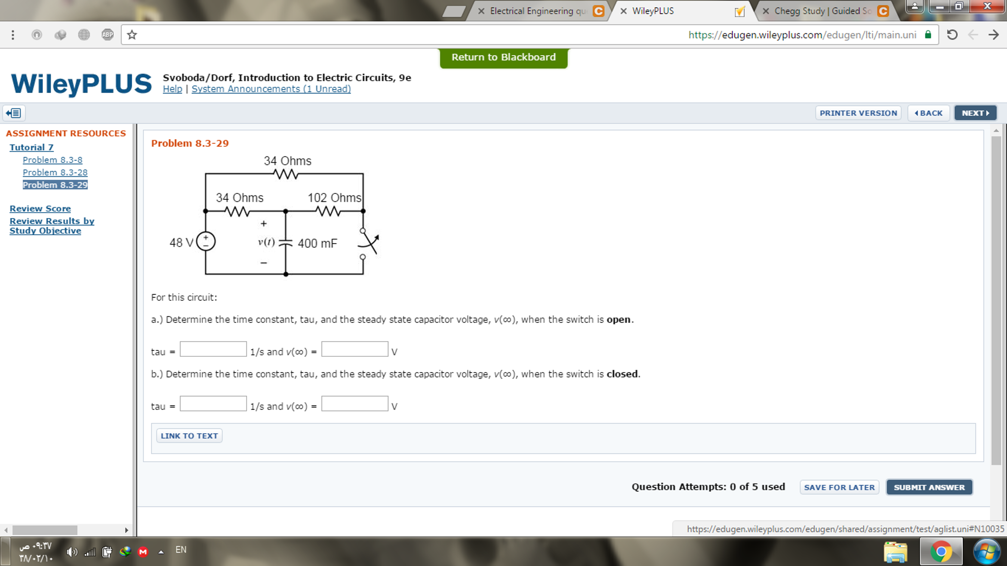 Solved For this circuit: Determine the time constant, tau, | Chegg.com