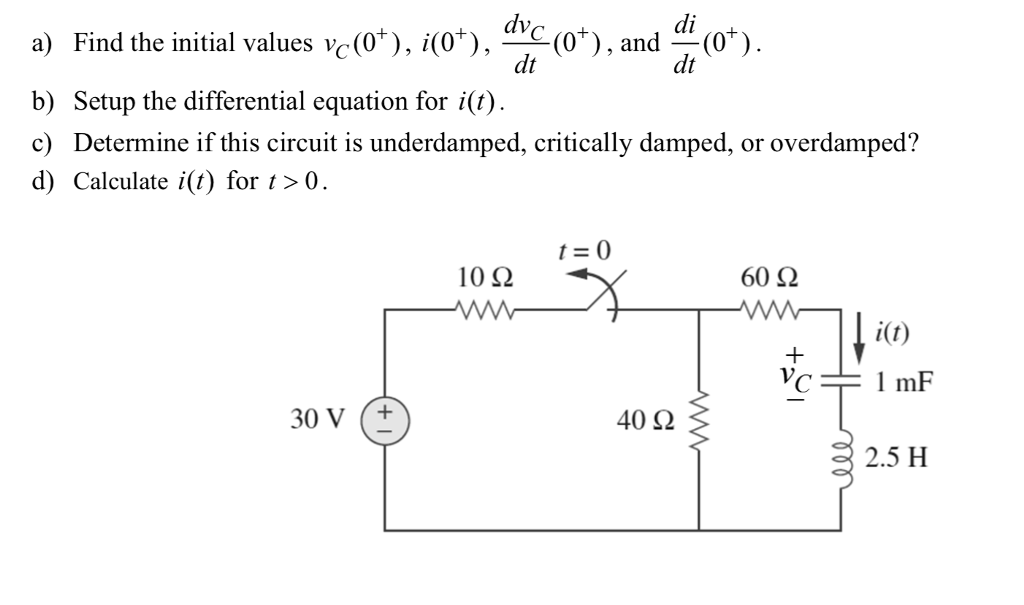 Solved and (0*) a) Find the initial values vc(0*), i(0*), - | Chegg.com Solved and (0*) a) Find the initial values vc(0*), i(0*), - | Chegg.com