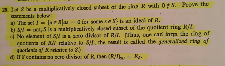 Solved 28, Let S be a multiplicatively closed subset of the | Chegg.com