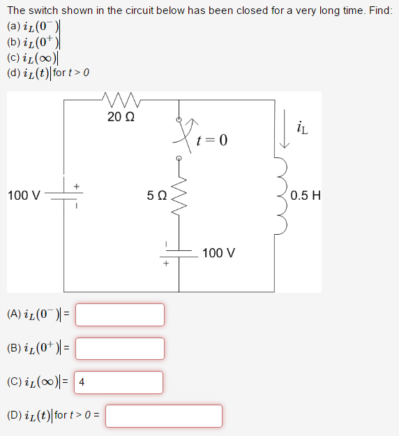 Solved The switch shown in the circuit below has been closed | Chegg.com