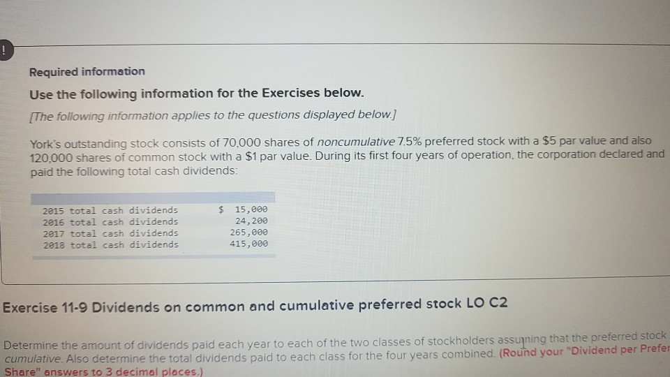Solved Exercise 11-9 Dividends on common and cumulative | Chegg.com