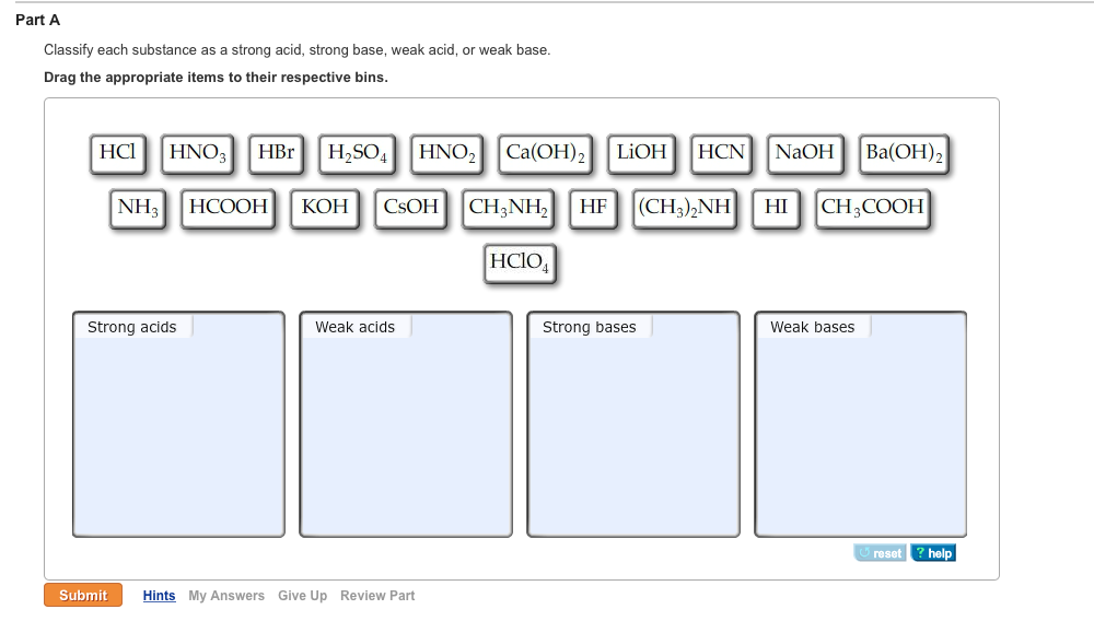 Solved Part A Classify each substance as a strong acid, | Chegg.com