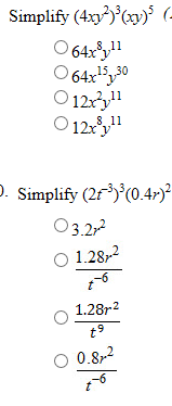 Solved Simplify (4xy^2)^3(xy)^5 64x^8y^11 64x^15 y^30 | Chegg.com