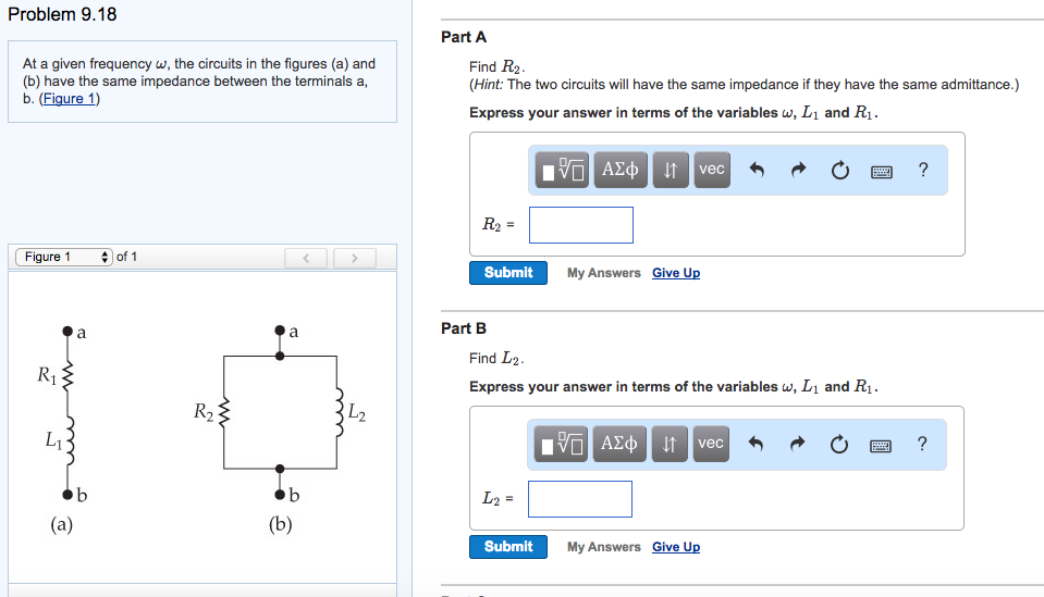 Solved Problem 9.18 Part A At a given frequency ω, the | Chegg.com