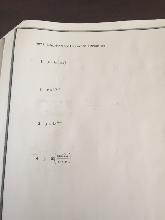 Solved Part C Logarithm and Exponential Derivatives 1. y in | Chegg.com