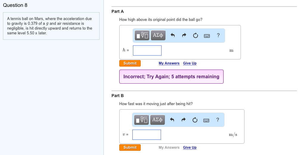 Solved A tennis ball on Mars, where the acceleration due to | Chegg.com