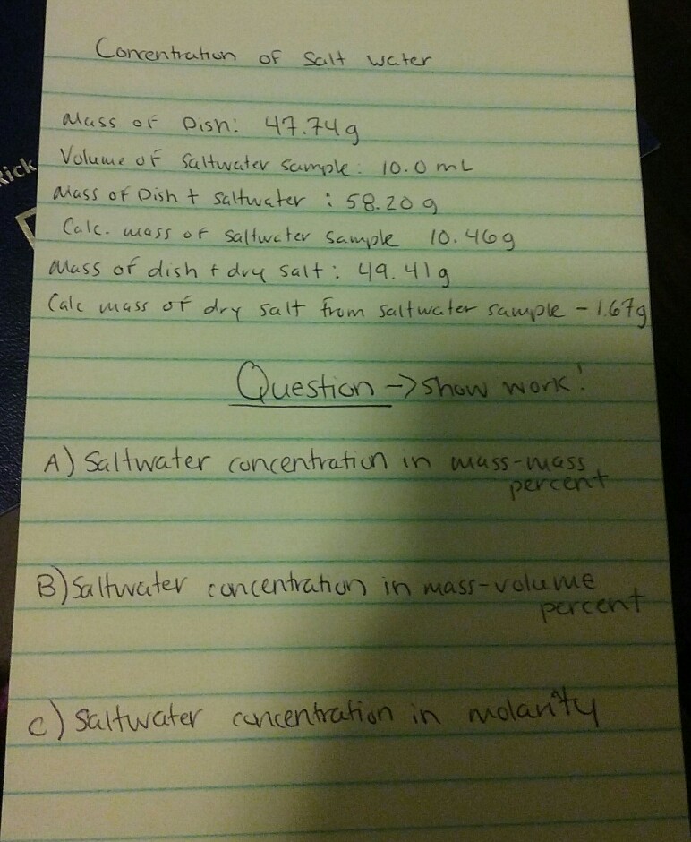 Solved Concentration of salt water Mass of dish 47.74g | Chegg.com