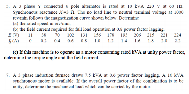 Solved 5. A 3 phase Y connected 6 pole alternator is rated | Chegg.com