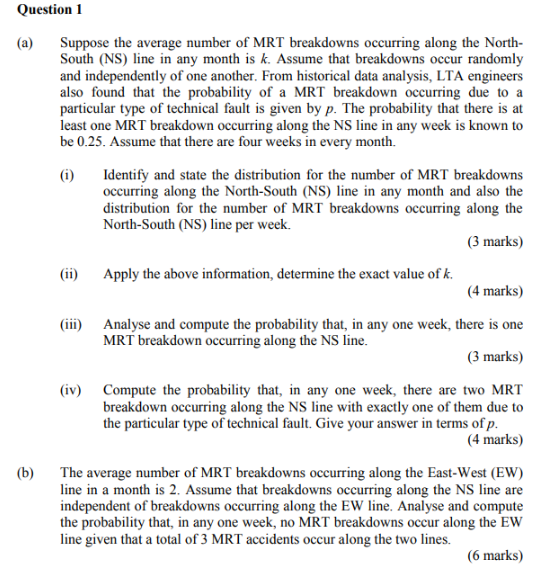 Question 1 (a) Suppose the average number of MRT | Chegg.com