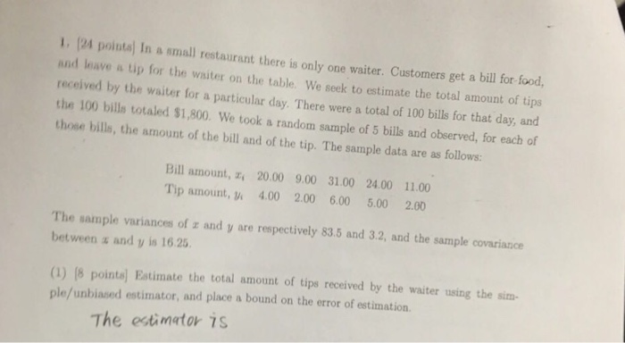 Solved 1, (24 pointal In a small restaurant there is only | Chegg.com
