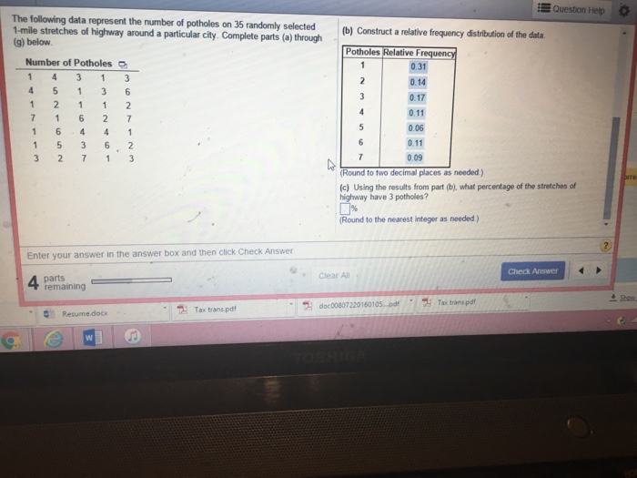 Solved The following data represent the number of potholes | Chegg.com
