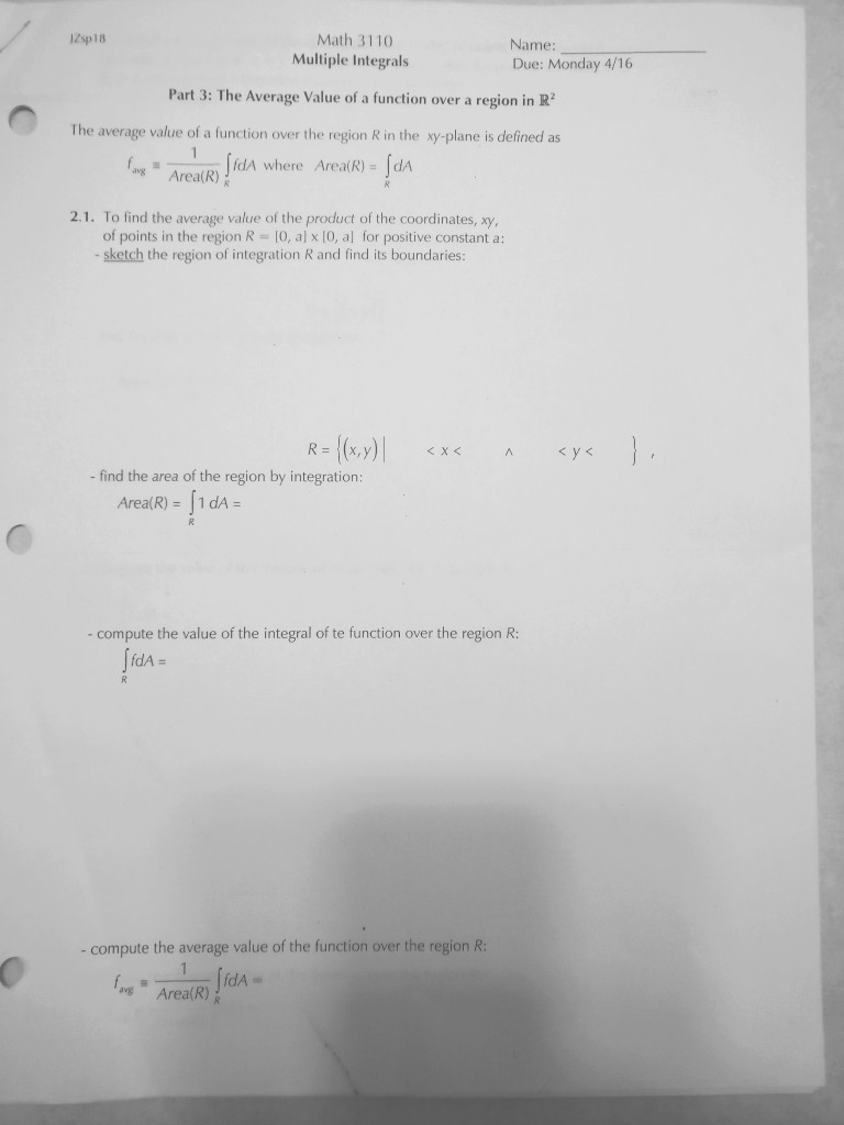 Solved Math 3110 Multiple Integrals 12sp18 Name: Due: Monday | Chegg.com