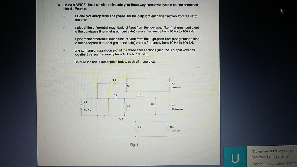 designing and simulating a three way cross over | Chegg.com