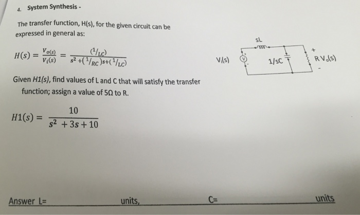 Solved The transfer function, H(s), for the given circuit | Chegg.com