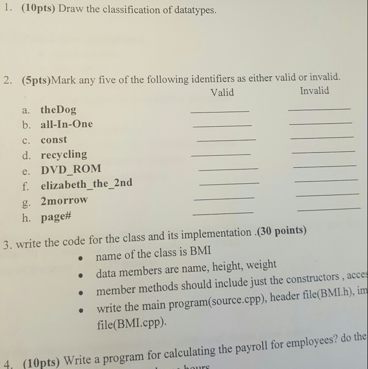Solved 1. (10pts) Draw the classification of datatypes. 2. | Chegg.com