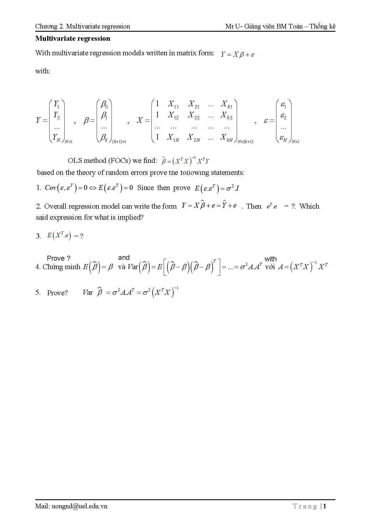 Solved With multivariate regression models written in matrix | Chegg.com