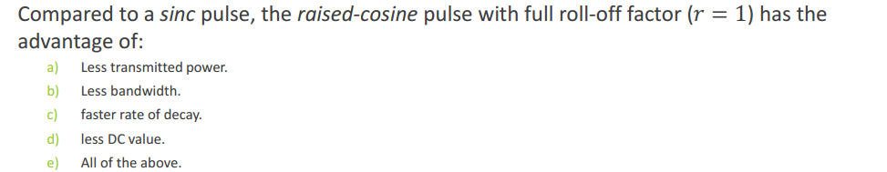 Solved Compared to a sinc pulse, the raised-cosine pulse | Chegg.com