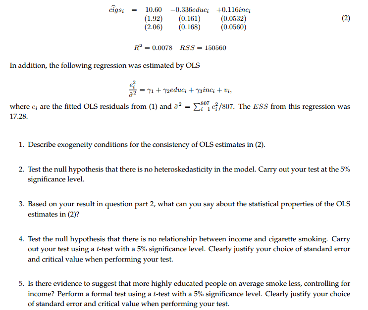 2 OLS, IV and 2SLS Suppose you have the following | Chegg.com