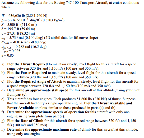 Solved Assume the following data for the Boeing 747-100 | Chegg.com