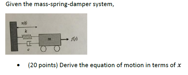 Solved Given the mass-spring-damper system, Derive the | Chegg.com