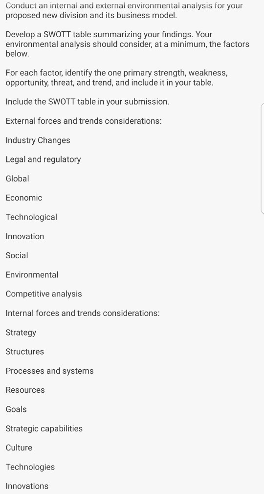 Conduct an internal and external environmental | Chegg.com