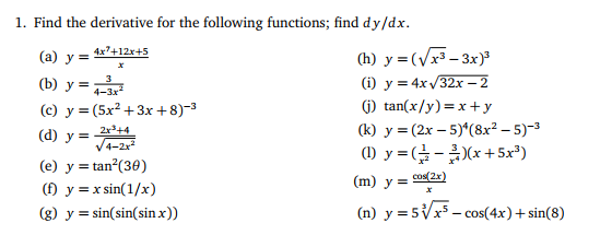 Solved Find the derivative for the following functions: find | Chegg.com