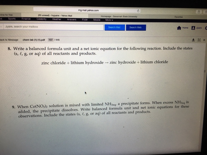 Solved Write a balanced formula unit and a net ionic | Chegg.com