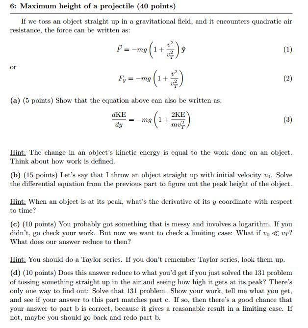 Maximum height of a projectile If we toss an object | Chegg.com