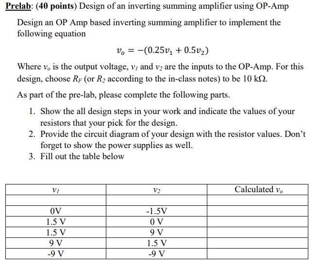 Solved Prelab: (40 points) Design of an inverting summing | Chegg.com