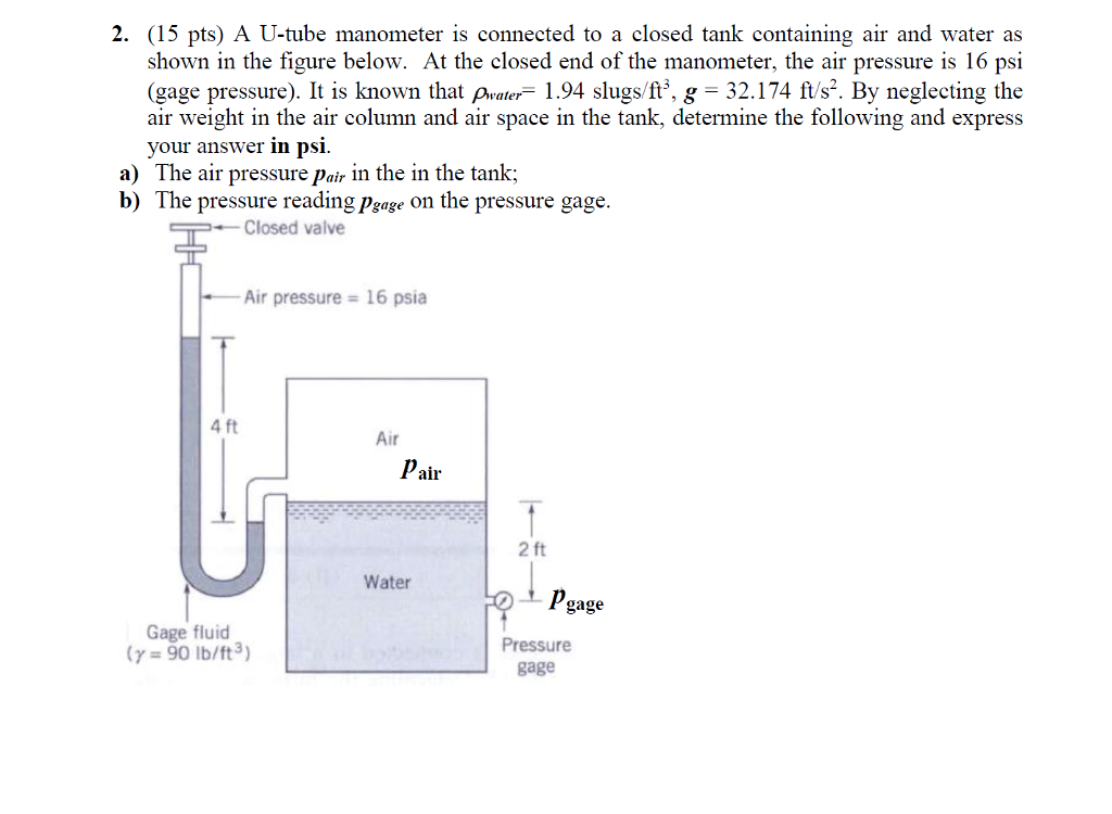 Solved 2. (15 pts) A U-tube manometer is connected to a | Chegg.com