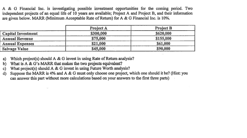 Solved A & G Financial Inc. is investigating possible | Chegg.com