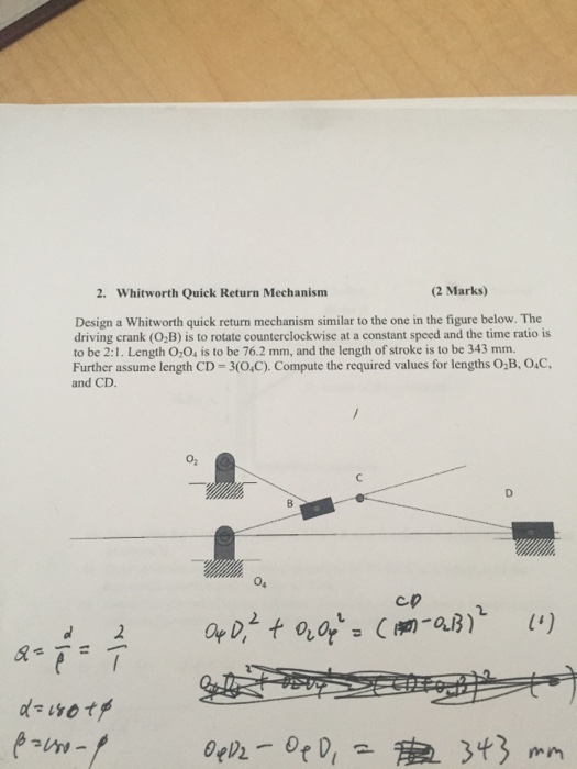 Solved 2. Whitworth Quick Return Mechanism (2 Marks) Design | Chegg.com