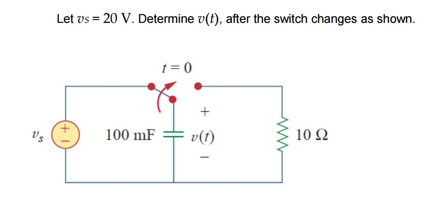 Solved Let vs = 20 V. Determine v(t), after the switch | Chegg.com