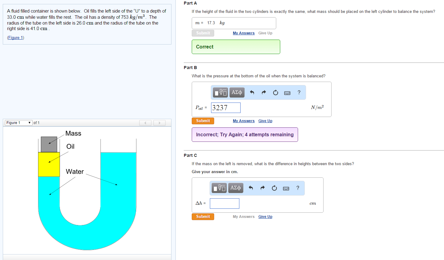 Solved A fluid filled container is shown below. Oil fills | Chegg.com
