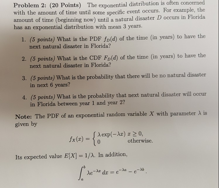 Solved Problem 2: (20 Points) The exponential distribution | Chegg.com