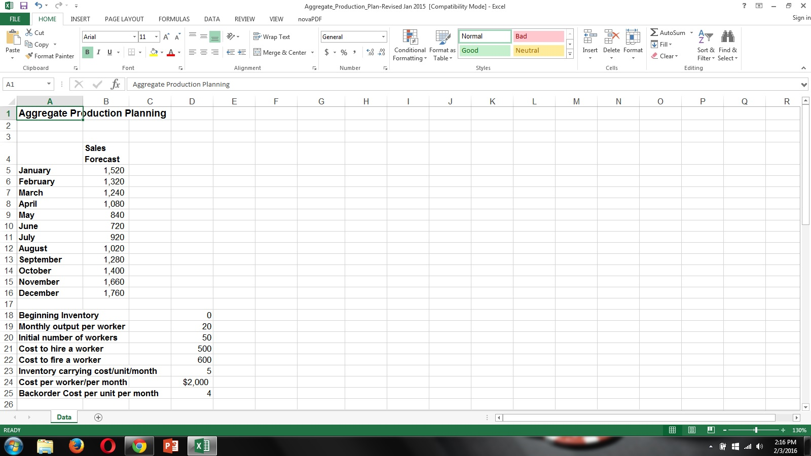 Solved 3 ) a S Aggregate Production_Plan-Revised Jan 2015 | Chegg.com