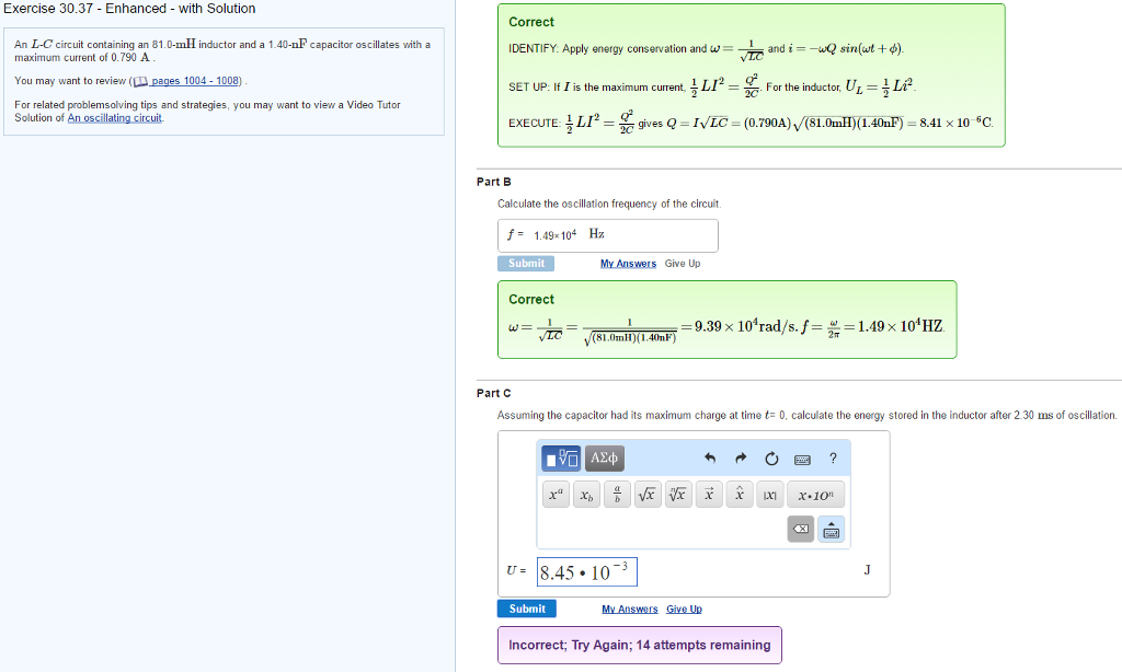 Solved An L C Circuit Containing An 81 0 Mh Inductor And A 1