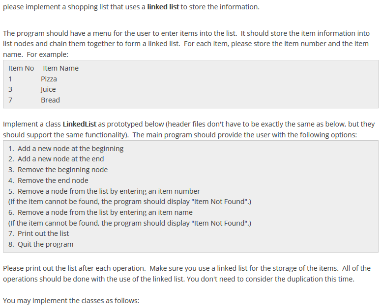 Solved please implement a shopping list that uses a linked | Chegg.com