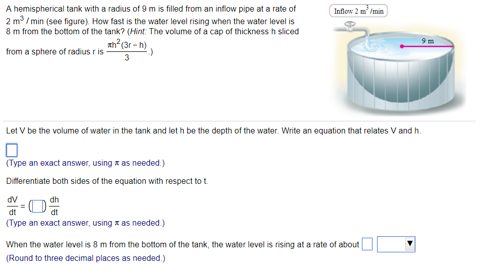 Solved A hemispherical tank with a radius of 9 m is flled | Chegg.com