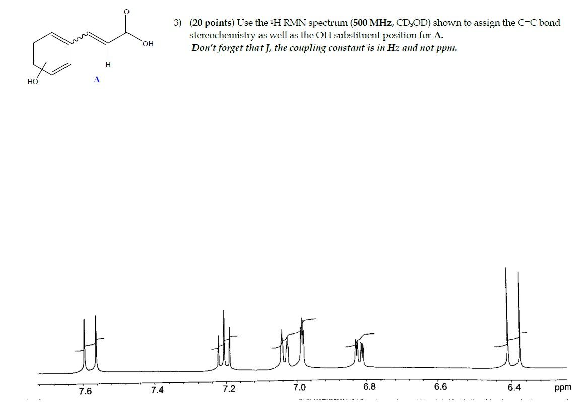 Solved Use the 1H RMN spectrum (500 MHz. CD3OD) shown to | Chegg.com