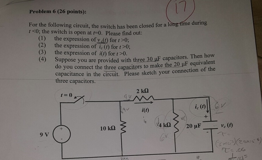 Solved For the following circuit, the switch has been closed | Chegg.com