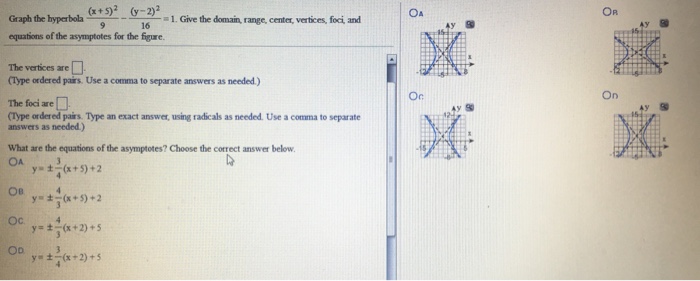 Solved Graph the hyperbola. Give the domain, range, center, | Chegg.com
