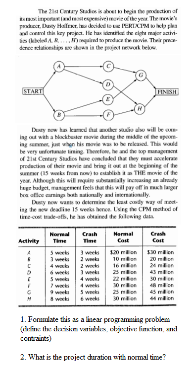 Solved The 21st Century Studios is about to begin the | Chegg.com