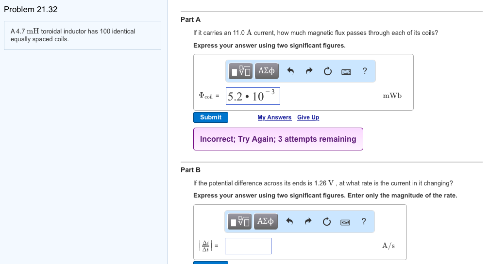Solved Problem 21.32 A4.7 mH toroidal inductor has 100 | Chegg.com