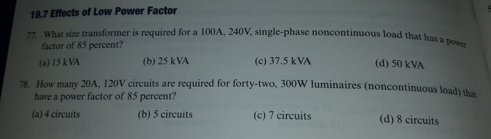 Solved 19.7 Effects of Low Power Factor 77. What size | Chegg.com