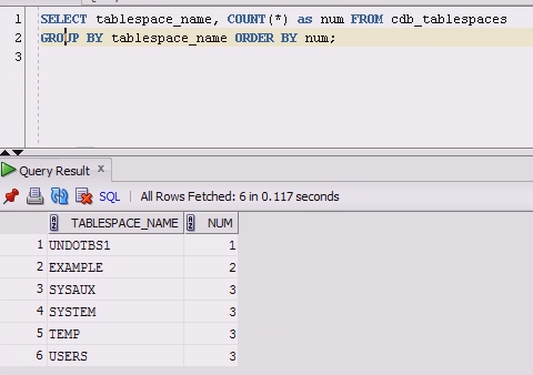 Solved 1 SELECT tablespace_name, COUNT (*) as num FROM | Chegg.com