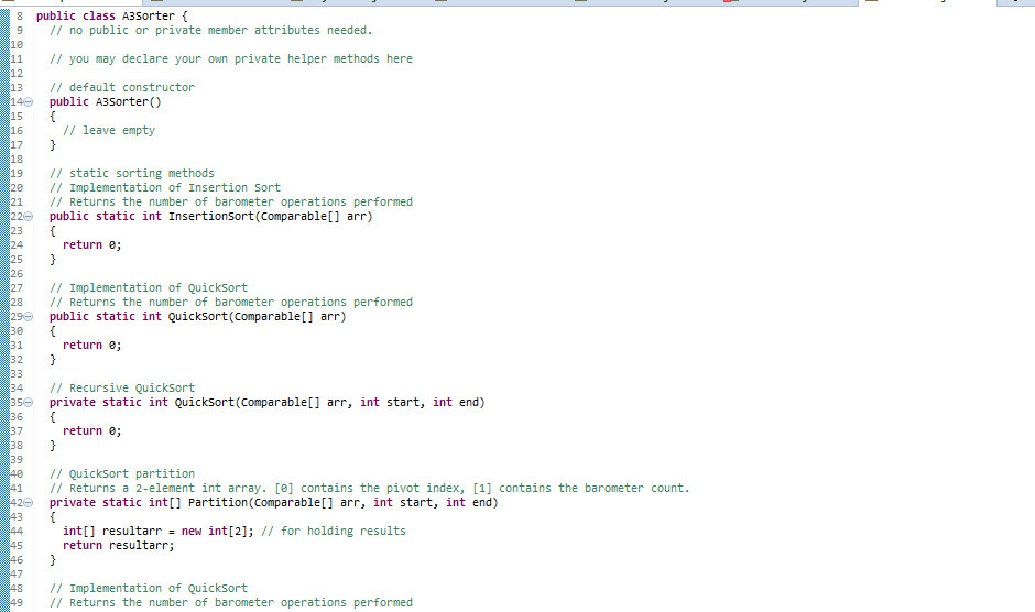 Solved 8 public class A3Sorter 9 no public or private member | Chegg.com